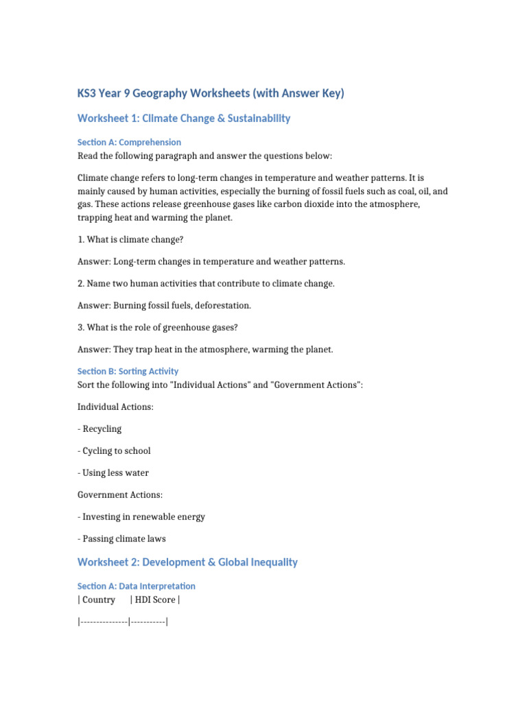 Year 9 Geography Worksheets & Answers | PDF | Climate Change | Rainforest