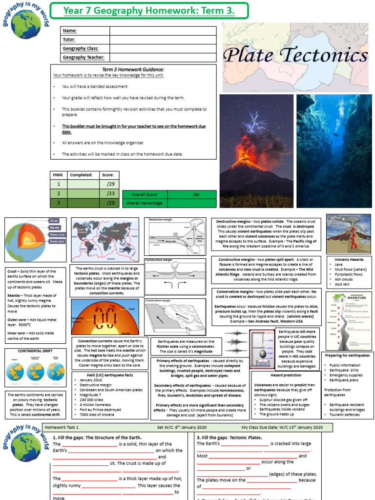 Year 7 Geography Homework Guide | PDF | Plate Tectonics | Earthquakes