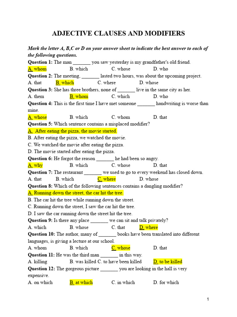 (KEY) Modifiers and Adjective Clauses | PDF | Mindset | Linguistic ...