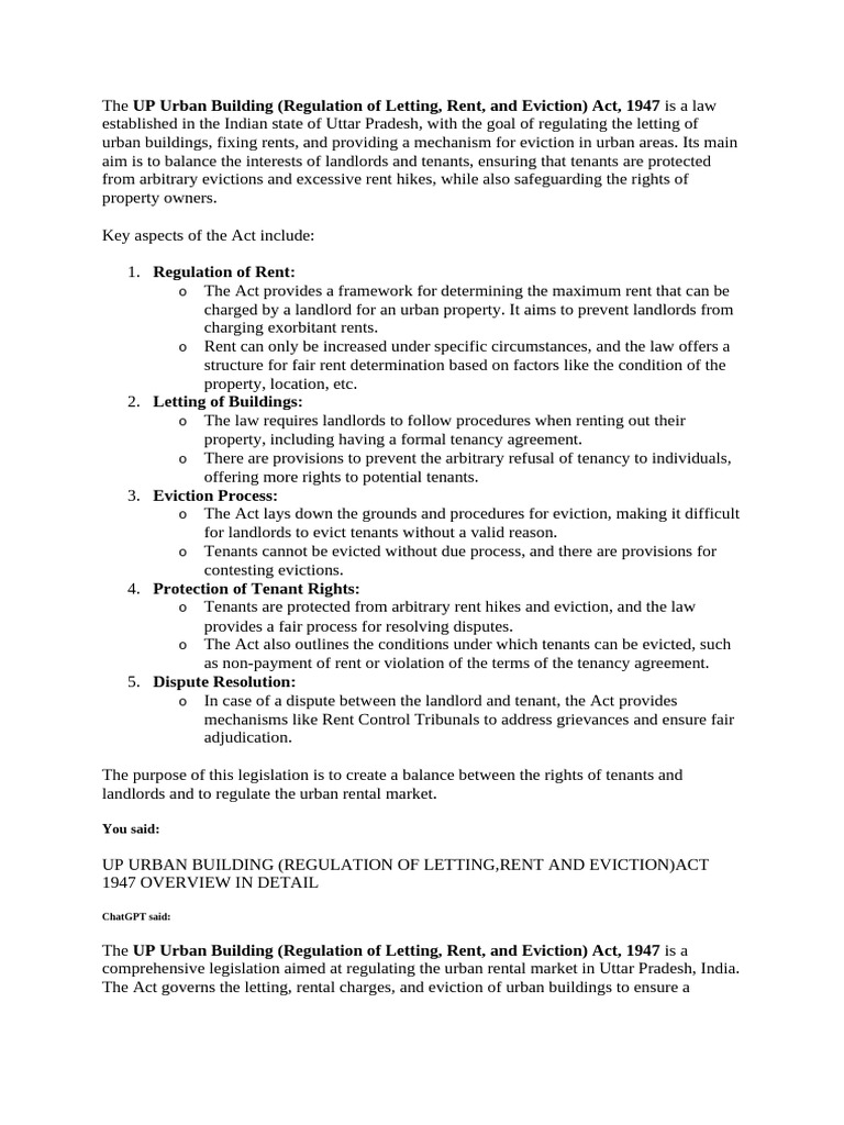 UP Urban Building Act 1972 Overview | PDF | Leasehold Estate | Eviction