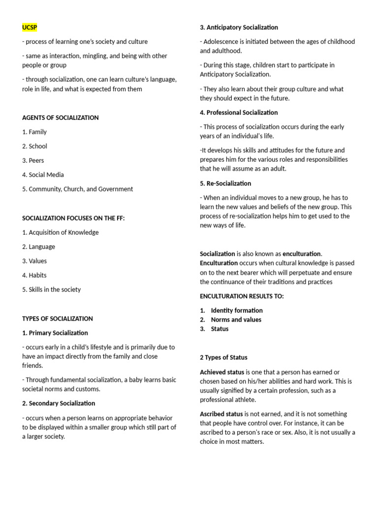 Ucsp Reviewer | PDF | Socialization | Social Psychology