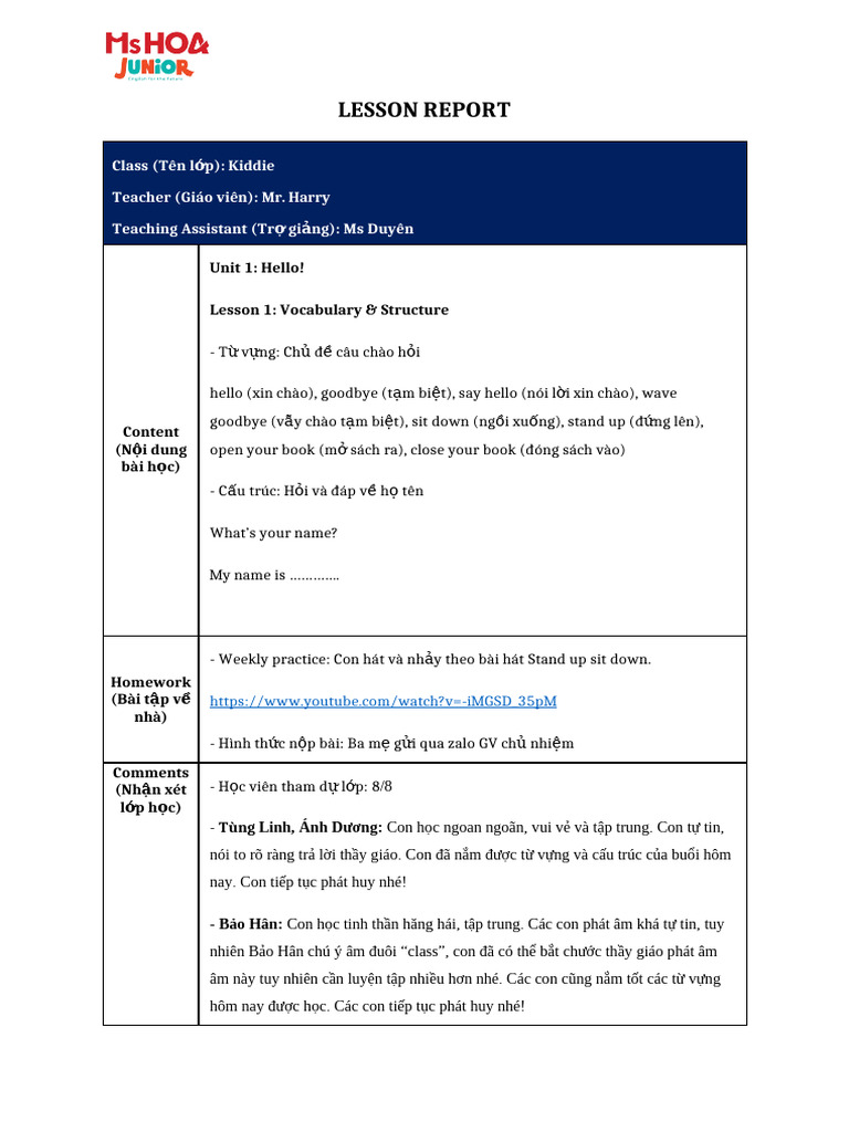Lesson Report - U1 - L1 - Kiddie | PDF