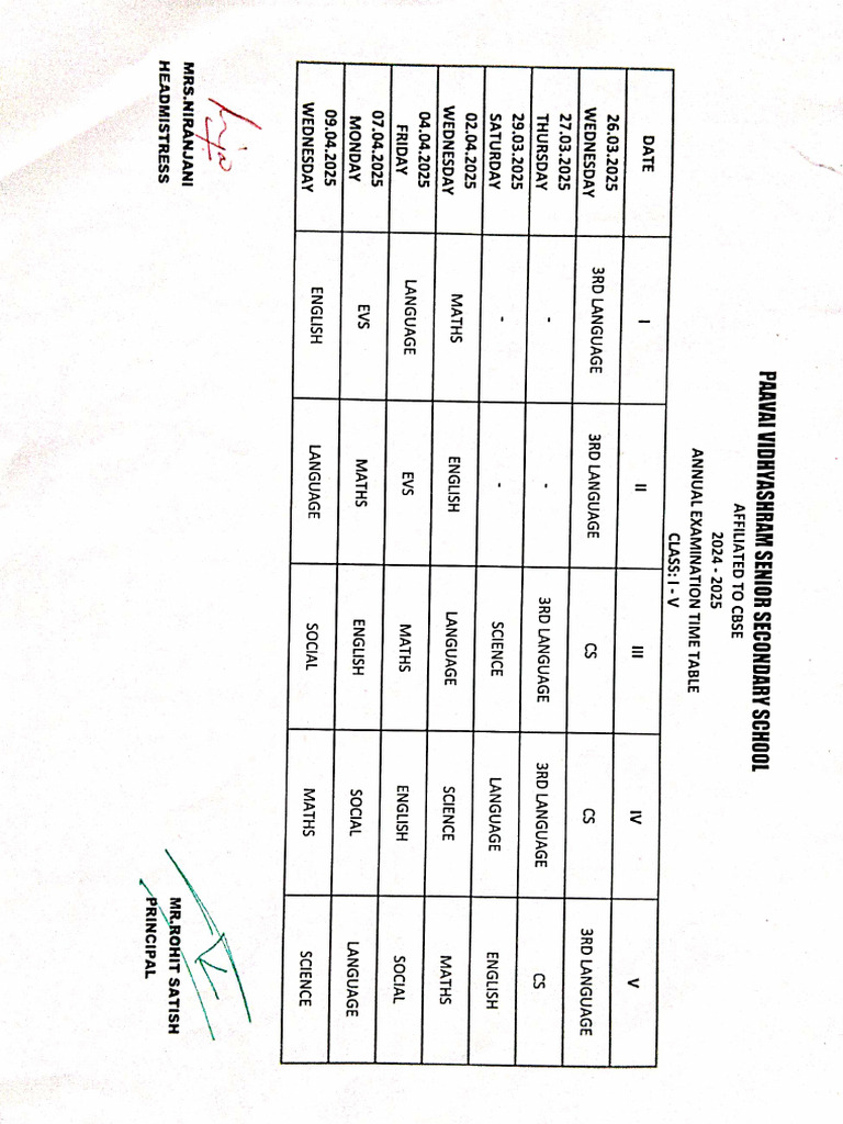Class 1-5 Annual Examination Time Table 2024-2025 | PDF