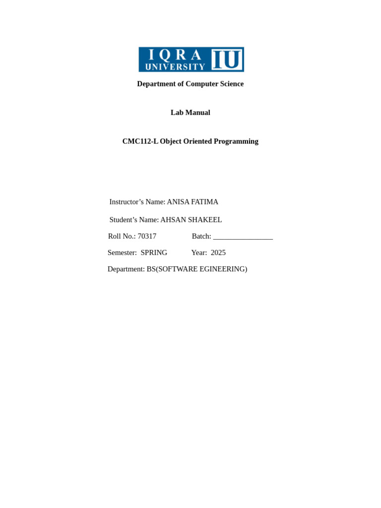 Ahsan Shakeel - 70317 - OOP - Lab - Manual | PDF | Class (Computer Programming) | Java ...