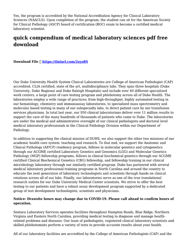 Quick Compendium of Medical Laboratory Sciences PDF | PDF | Clinical Pathology | Medical Laboratory