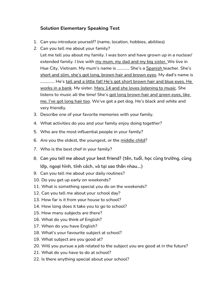 Elementary Speaking Test Guide | PDF