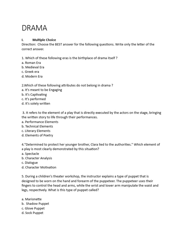Drama Education Quiz and Answers | PDF | Puppets | Monologue