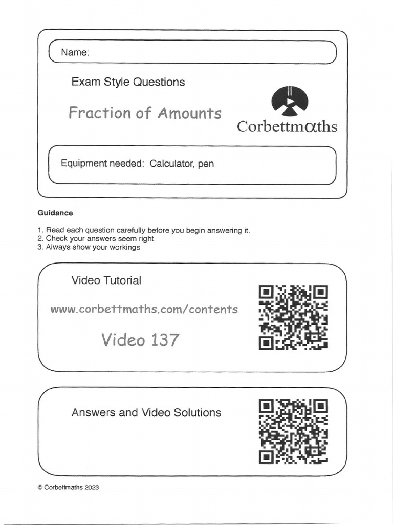 Fraction of Amounts Answers | PDF