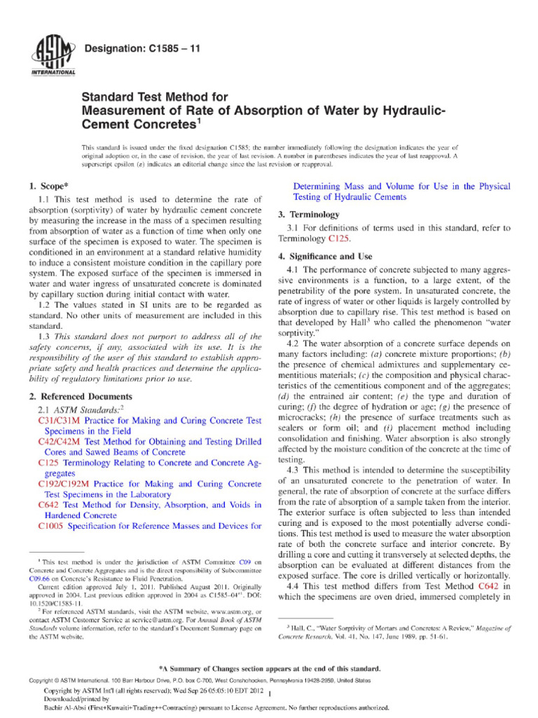ASTM C1585- 11 Concrete Resistance Fluid Penetration美国材料与试验协会标准电子版. | PDF