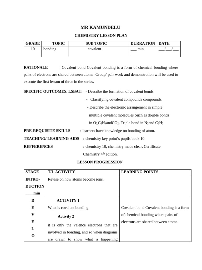 GRADE 10 CHEMISTRY Bonding - Covalent Editable Lesson Plan | PDF ...