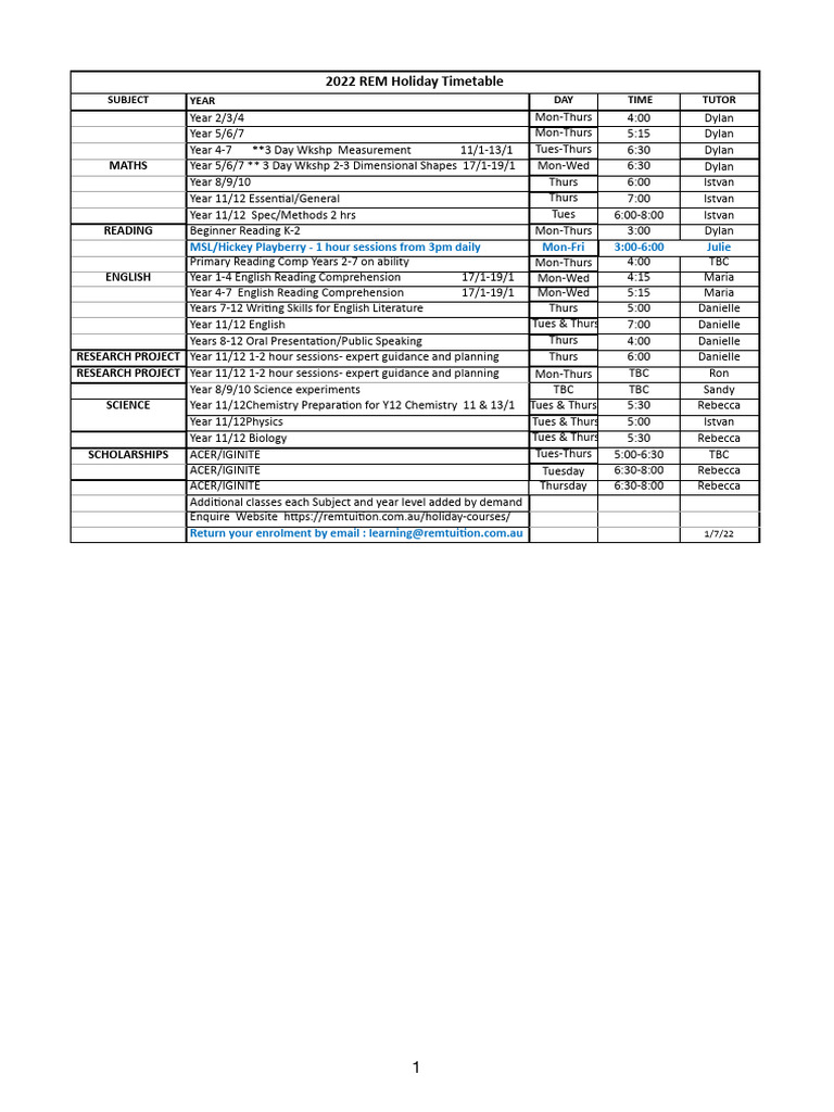 Holiday TIMETABLE REM 7.1.22 | PDF | Reading (Process) | Learning Methods