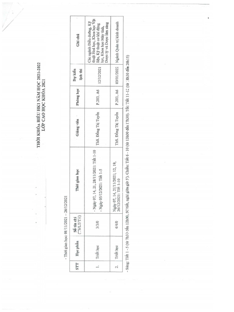 TKB hk1 Nam Hoc 2021 2022 CH Khoa 2021 | PDF