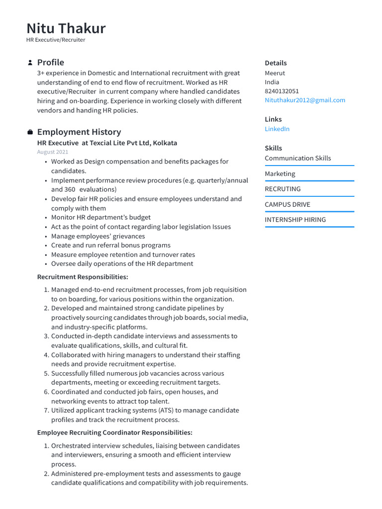 Nitu_Thakur__HR_ExecutiveRecruiter | PDF | Recruitment | Employment