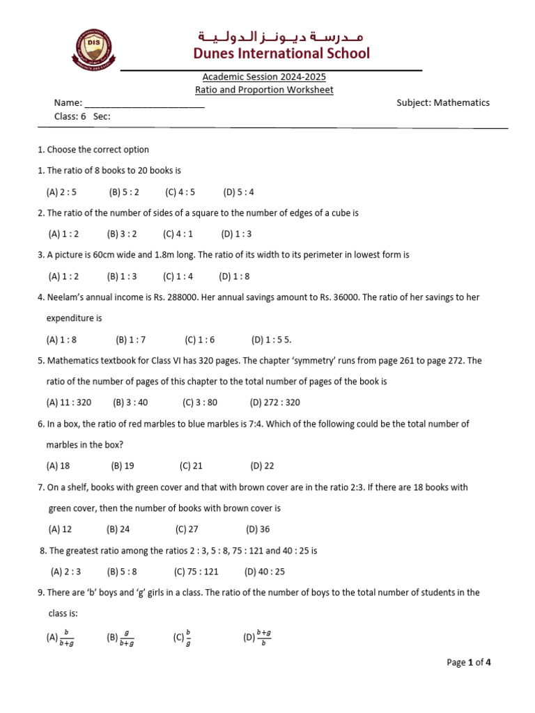 Ratio and Proportion Worksheet | PDF