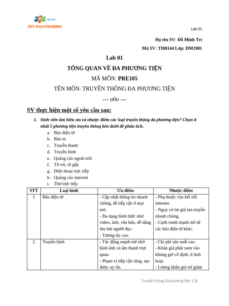 Truyền thông đa phương tiện - LAB01 | PDF