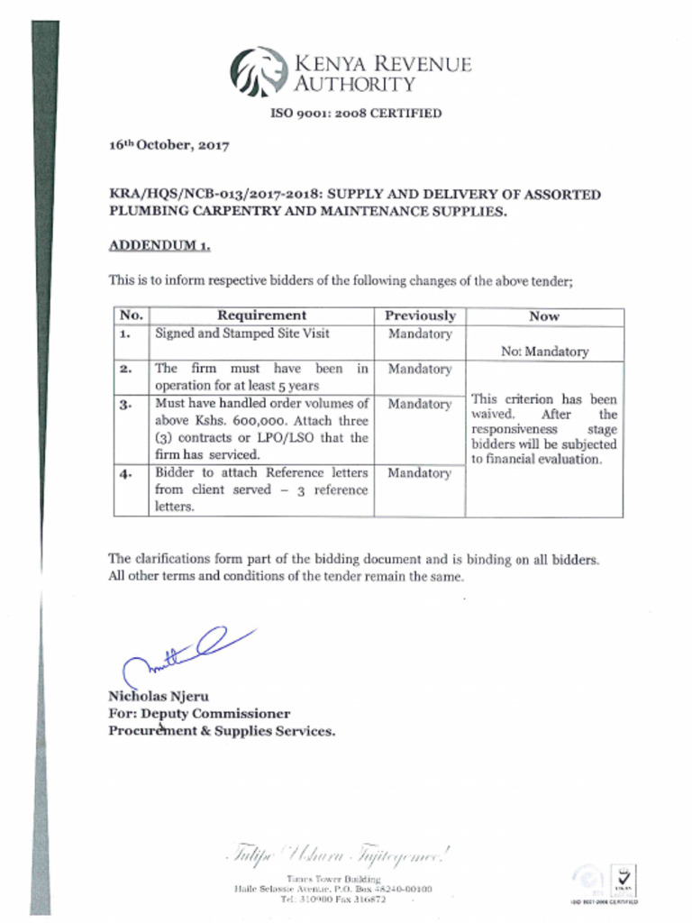 Addendum For Tender Kra HQS NCB 013 2017 2018 | PDF