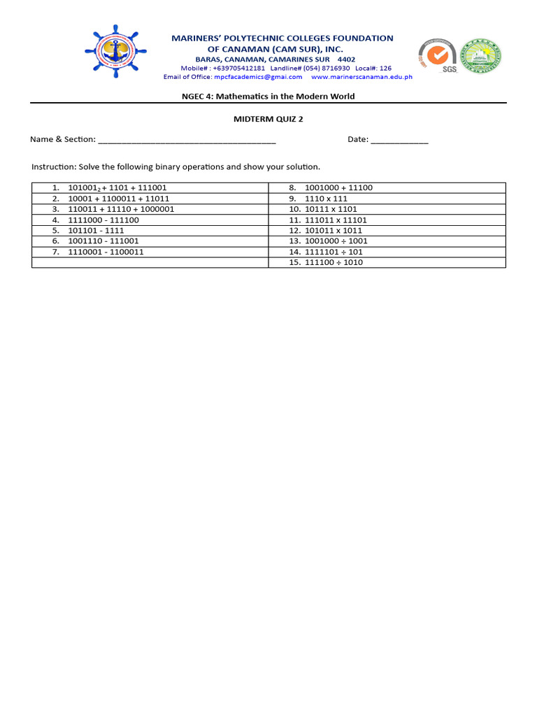 Midterm Quiz: Binary Operations | PDF
