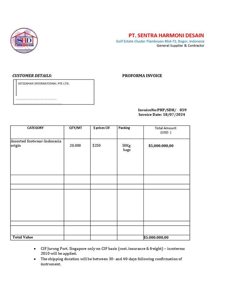 Prforma Invoice PT Desain | PDF | Letter Of Credit | Financial Services