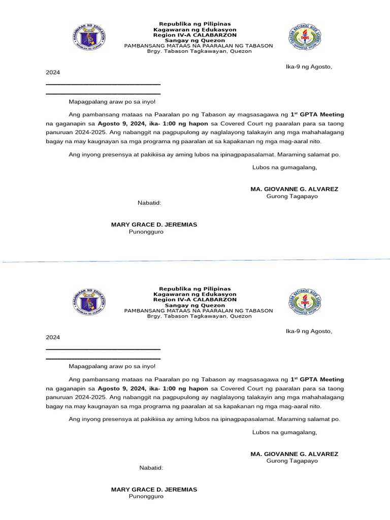 Letter - 1st GPTA Meeting | PDF
