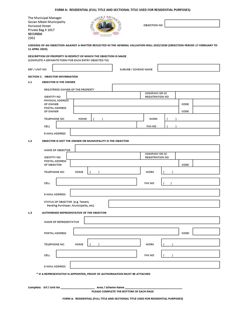 Residential Property Objection Form 2025 | PDF | Real Estate Appraisal