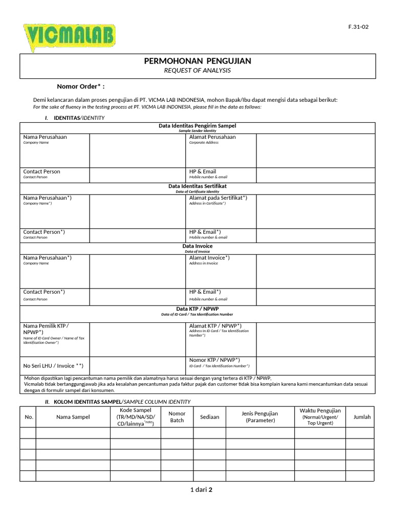 F.31-01 Formulir Permohonan Pengujian | PDF