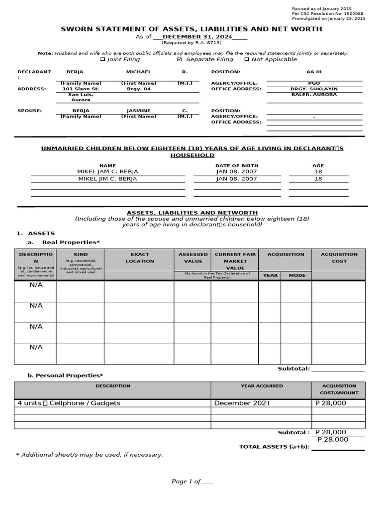 SALN Form 2023_Mike Berja 2025 123 | PDF | Net Worth | Business