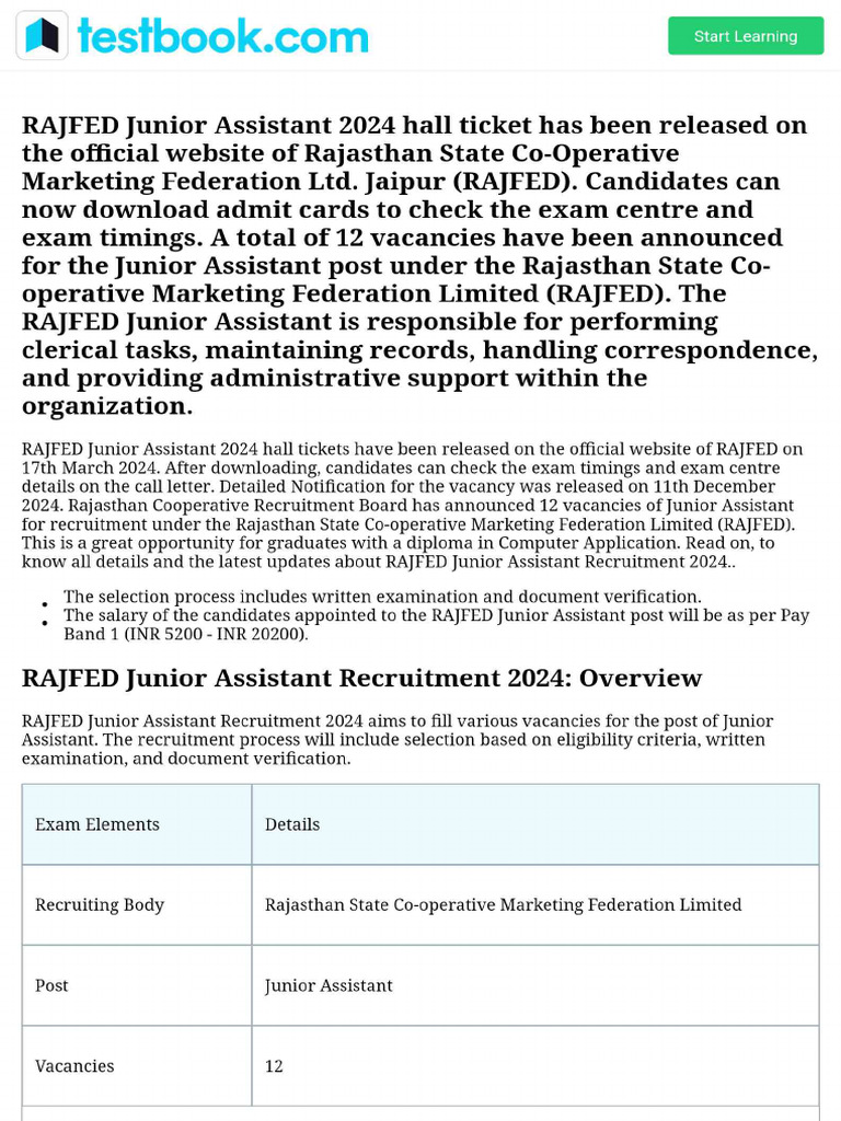 RAJFED Junior Assistant Recruitment 2024Exam Info | PDF
