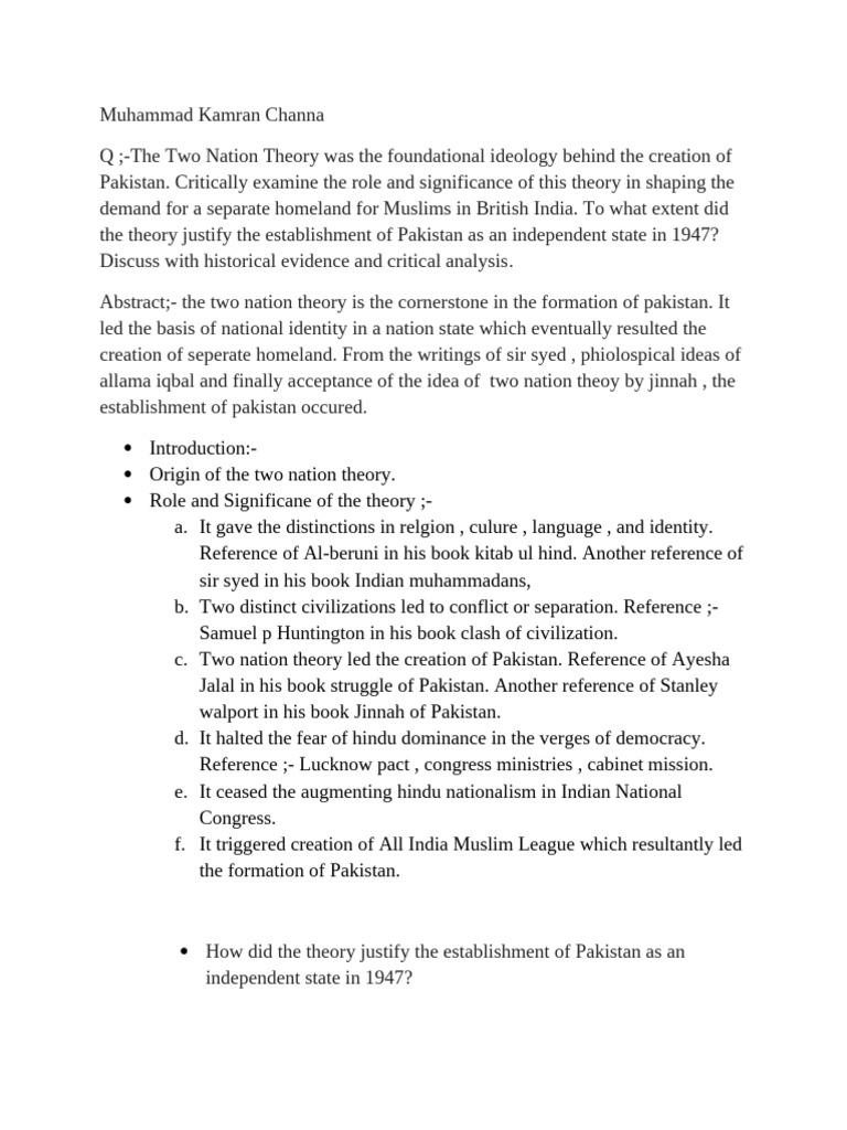 Attempted Answer On The Two Nation Theory by Muhammad Kamran | PDF ...