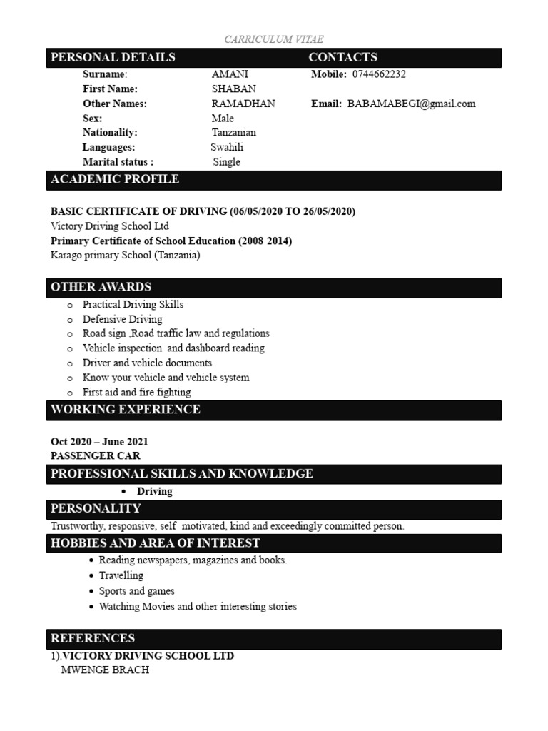 Personal Details Contacts: Carriculum Vitae | PDF