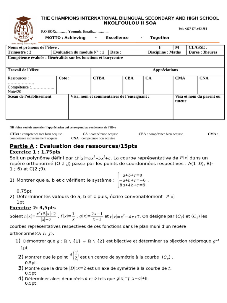Évaluation de Maths : Fonctions et Barycentre | PDF | Concepts ...