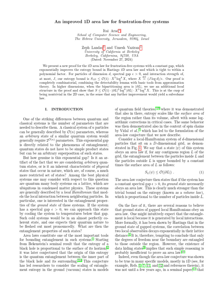 An Improved 1D Area Law For Frustration-Free Systems | PDF | Quantum ...