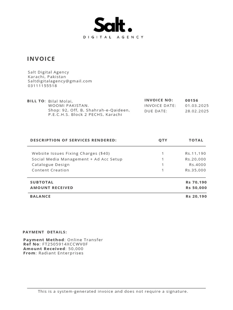 Woomi Pakistan - Payment Received Invoice | PDF