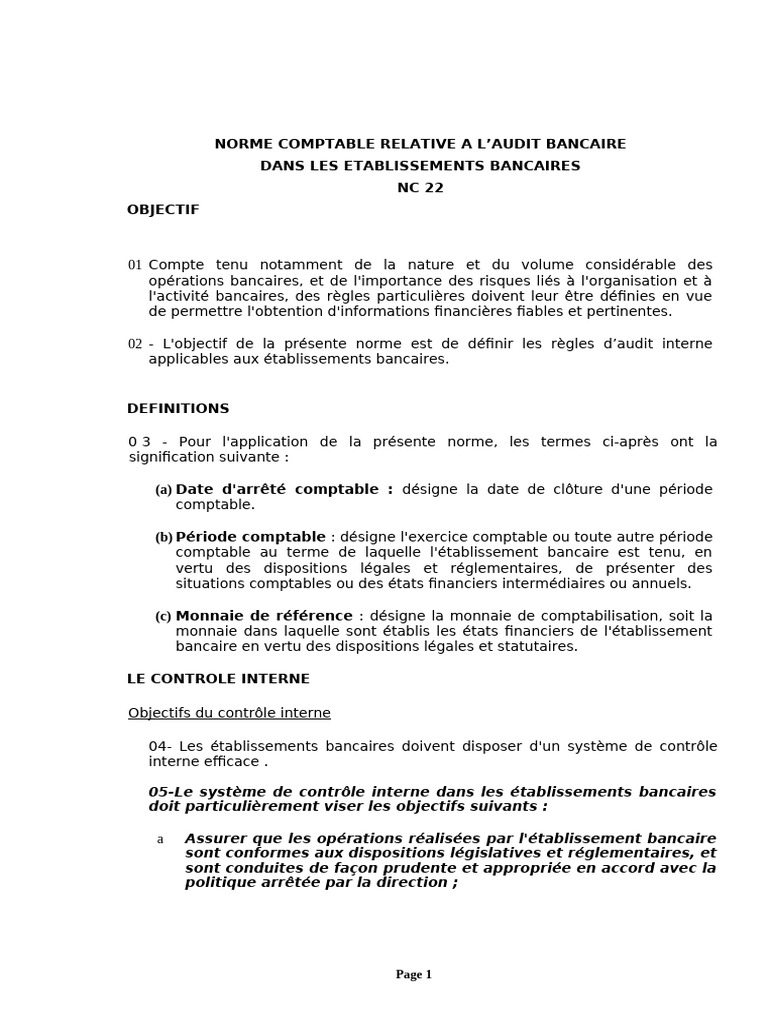 Norme NC 22 : Audit bancaire et contrôle | PDF | Comptabilité ...
