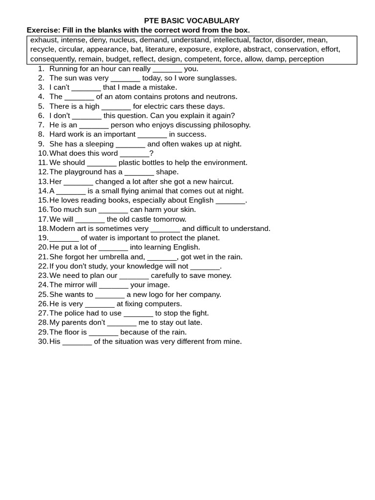 PTE Vocabulary Fill-in-the-Blank Exercise | PDF