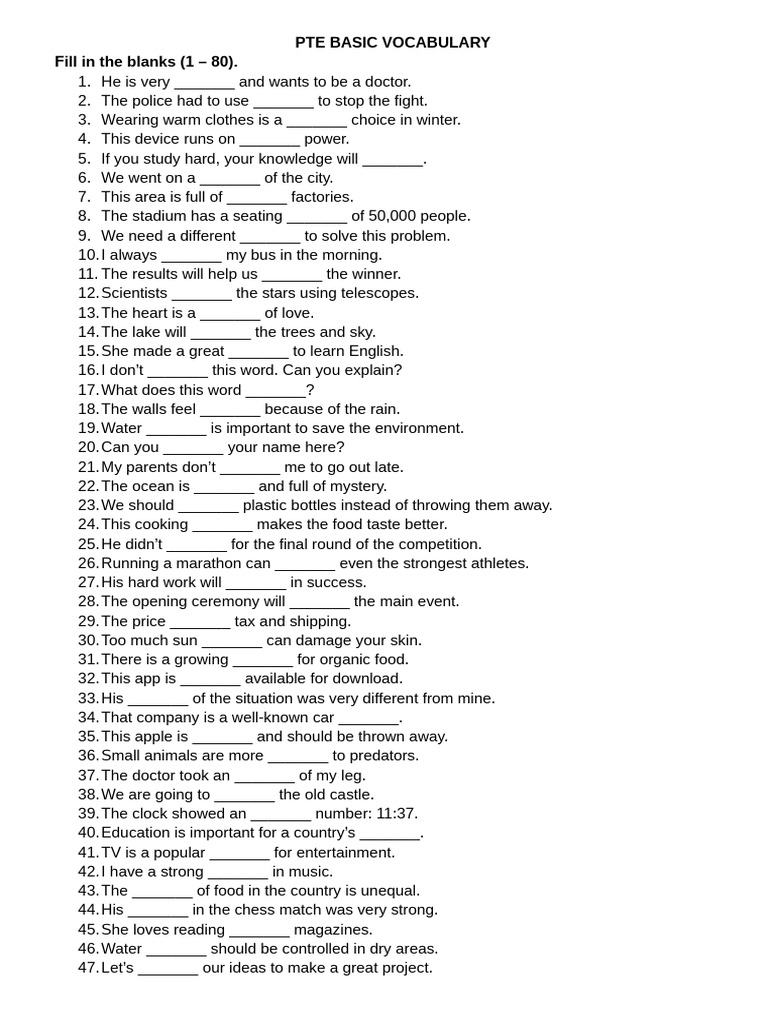 Pte Basic Vocabulary - Exercise 1-80 - Answer Key | PDF