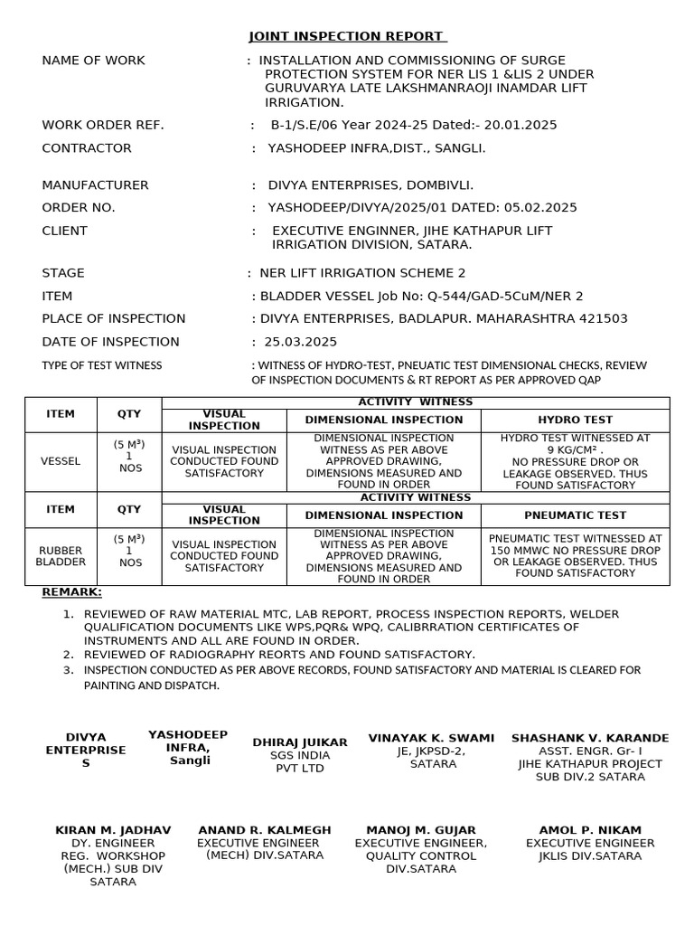 Joint Inspection Report Ner 2 | PDF | Quality