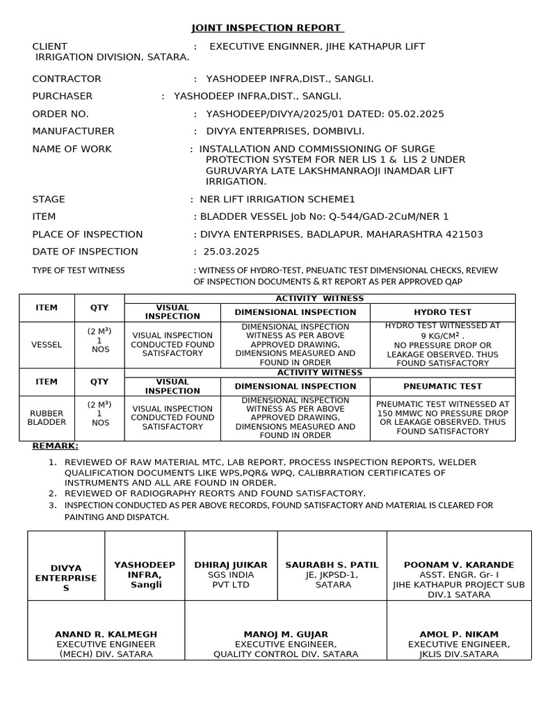 Joint Inspection Report Ner 1 | PDF | Quality