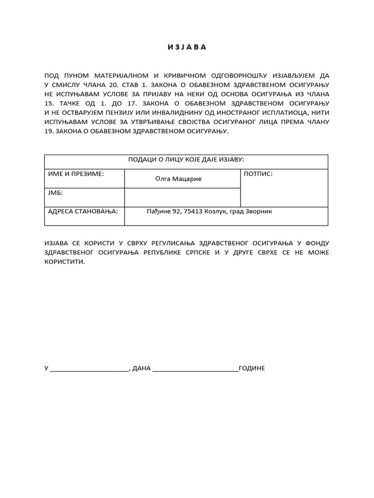 5 4 Izjava Za Prijavu Po Osnovu Iz Clana 20 Zakona Za Lice Starije Od ...