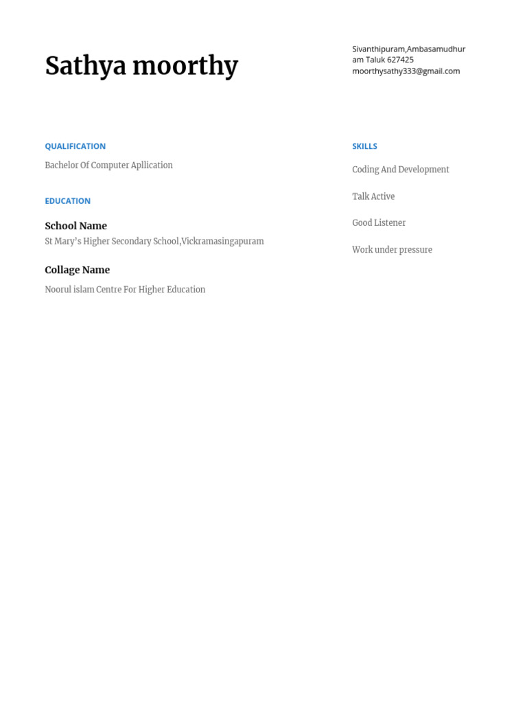 Sathya Moorthy: School Name | PDF