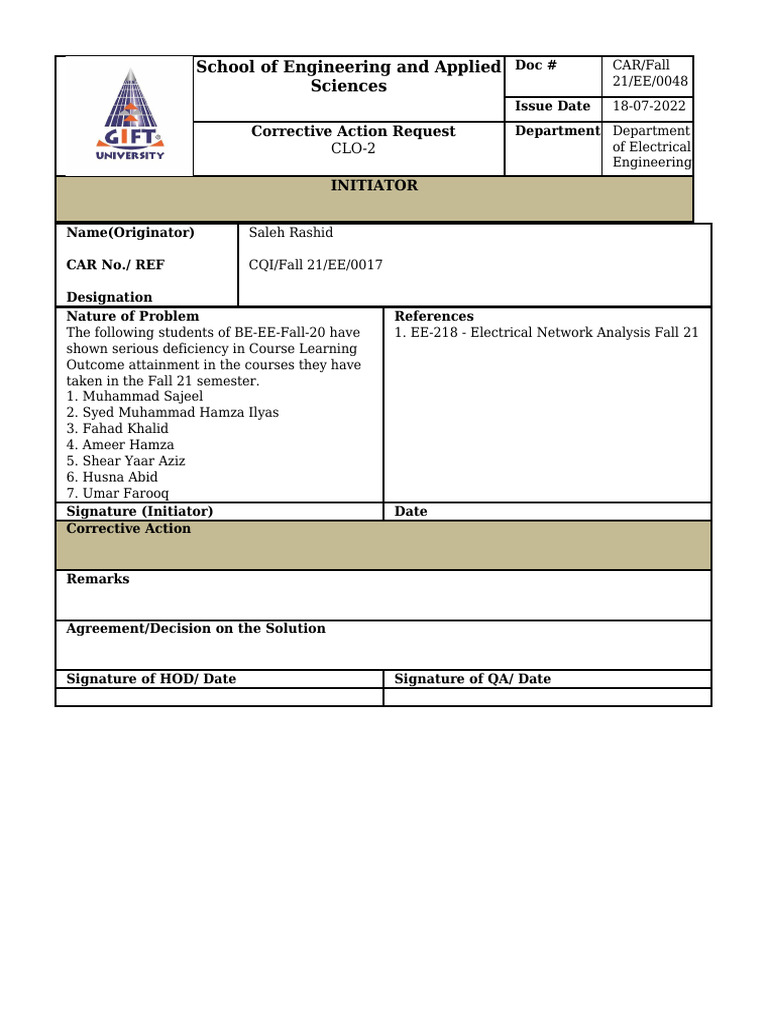 Corrective Action Request - CAR - Fall 21 - EE - 0048 | PDF