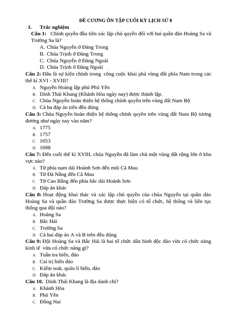 ĐỀ CƯƠNG CK1_LỊCH SỬ VÀ ĐỊA LÍ 8 | PDF