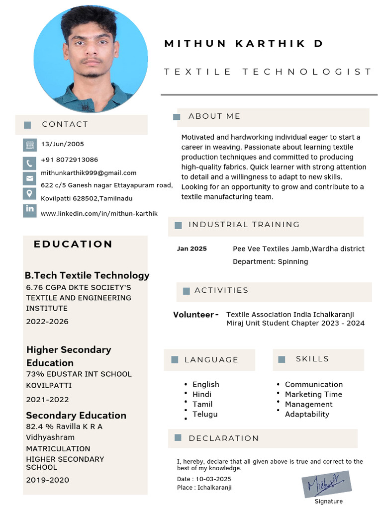 DKTE - MITHUN - KARTHIK - Resume PDF | PDF | Textiles