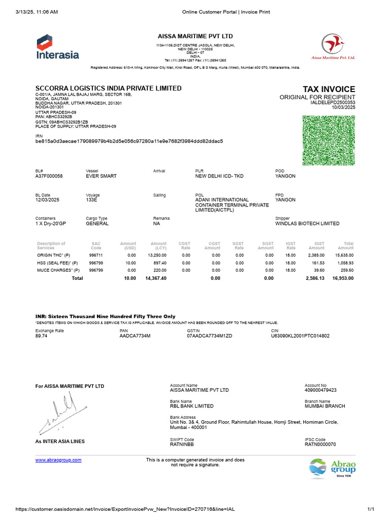 Ialdelepd2500353 - Origin Charges Invoice | PDF