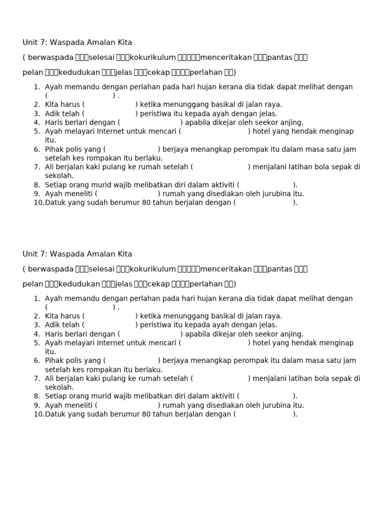KOSA KATA BM TAHUN 4 Unit 7 | PDF