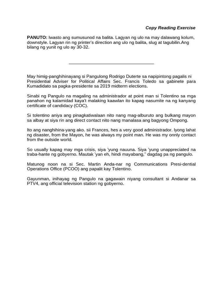 Copy Reading Exercise Filipino | PDF