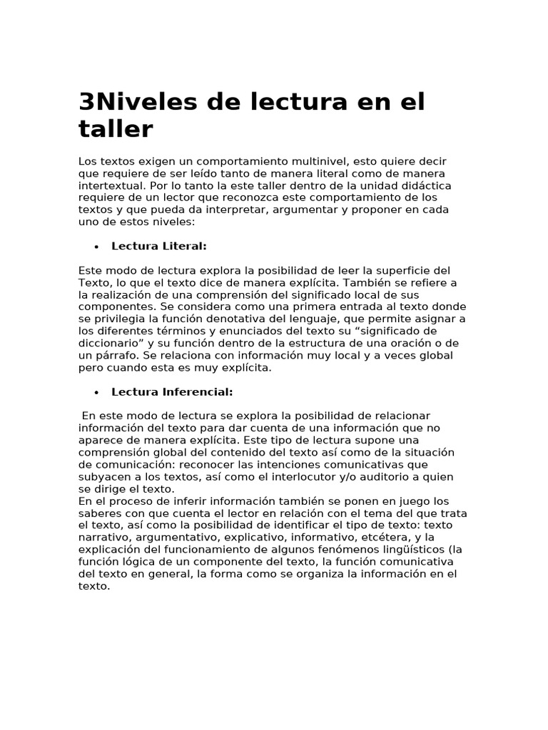 Niveles de Comprensión Lectora en Talleres | PDF | Cognición