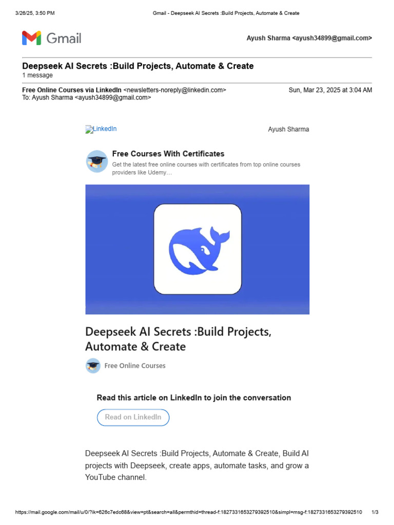 Gmail - Deepseek AI Secrets - Build Projects, Automate & Create | PDF | Linked In | Artificial ...