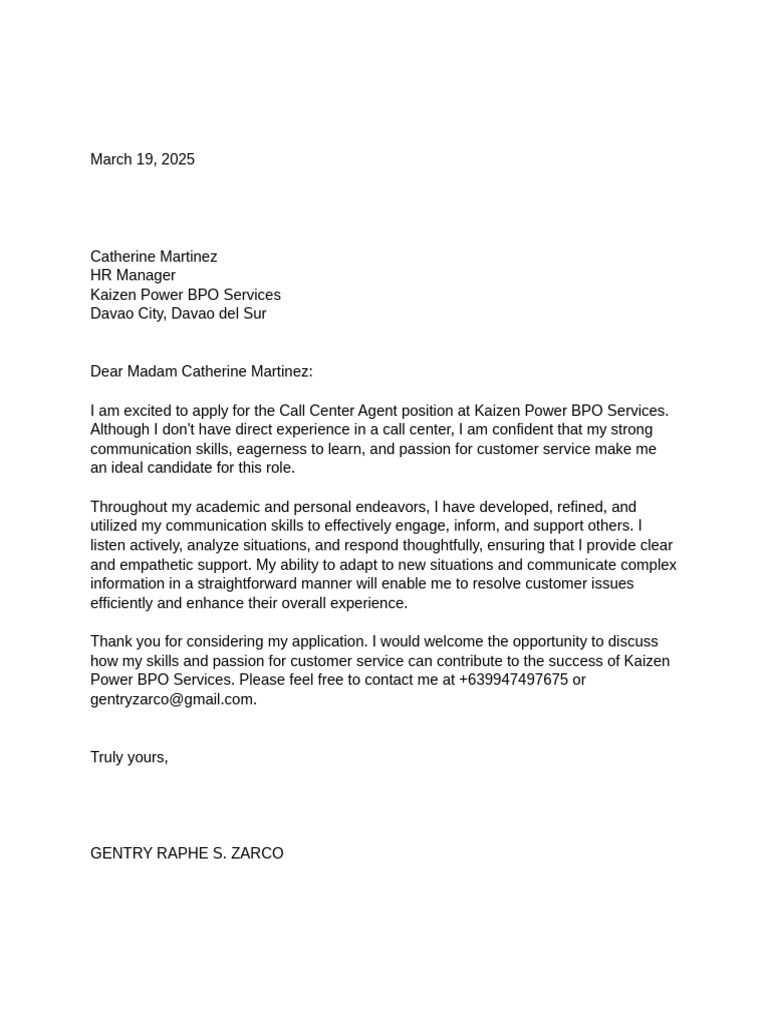 Call Center Agent Application Letter | PDF