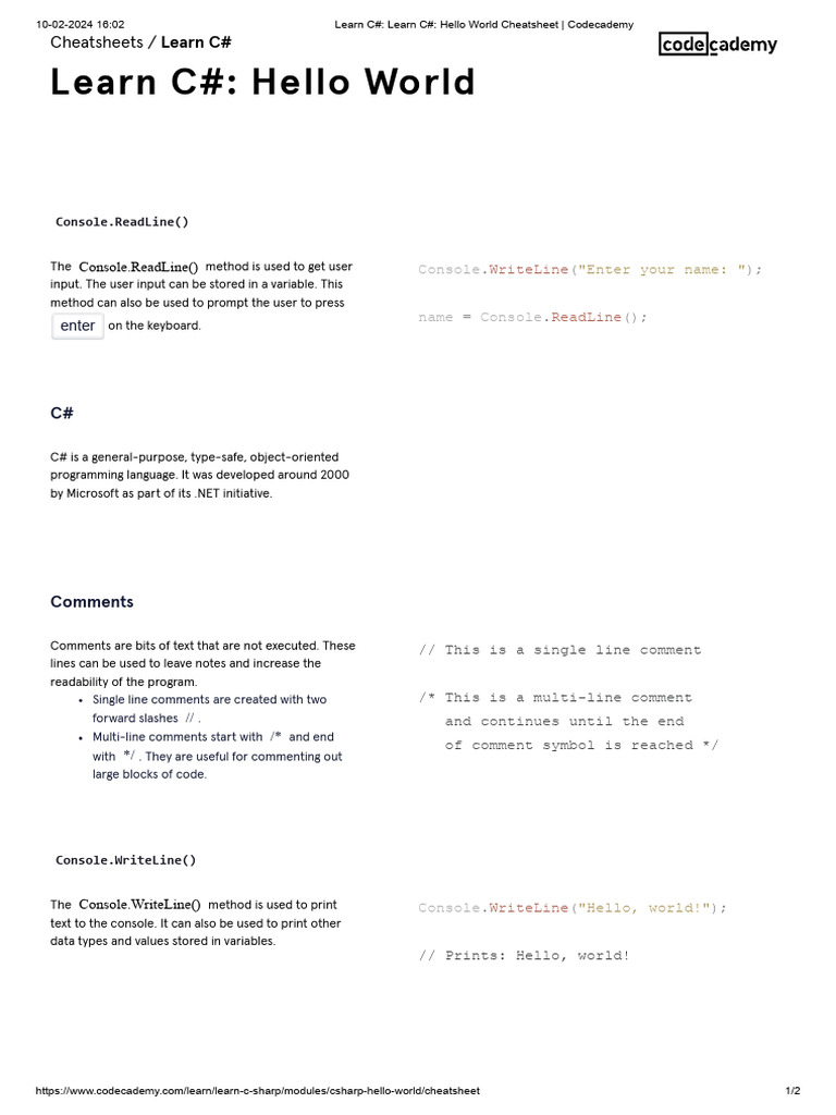 Learn C#_ Learn C#_ Hello World Cheatsheet _ Codecademy | PDF | C Sharp (Programming Language ...