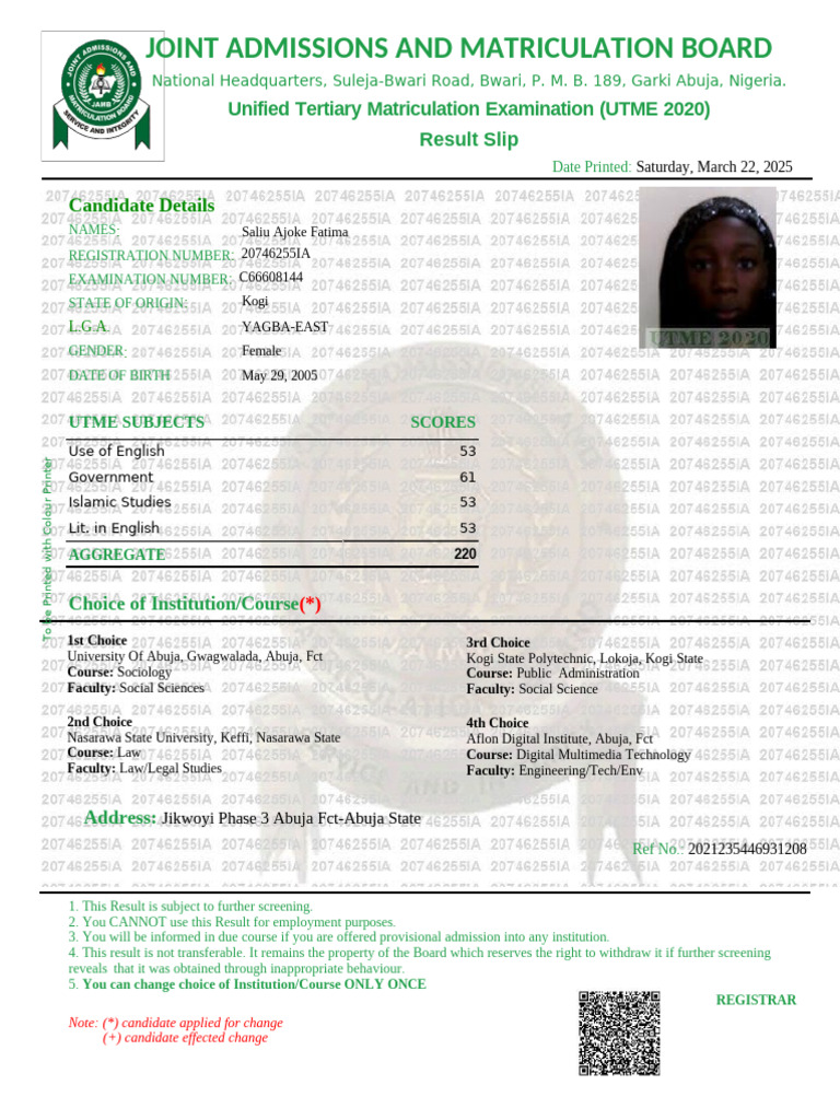 Saliu Ajoke Fatima Result Slip | PDF | Qualifications | Student ...